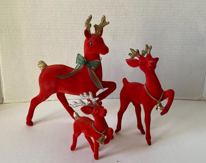Set of 3 Flocked Red Plastic Reindeer Family Figurines - Etsy
