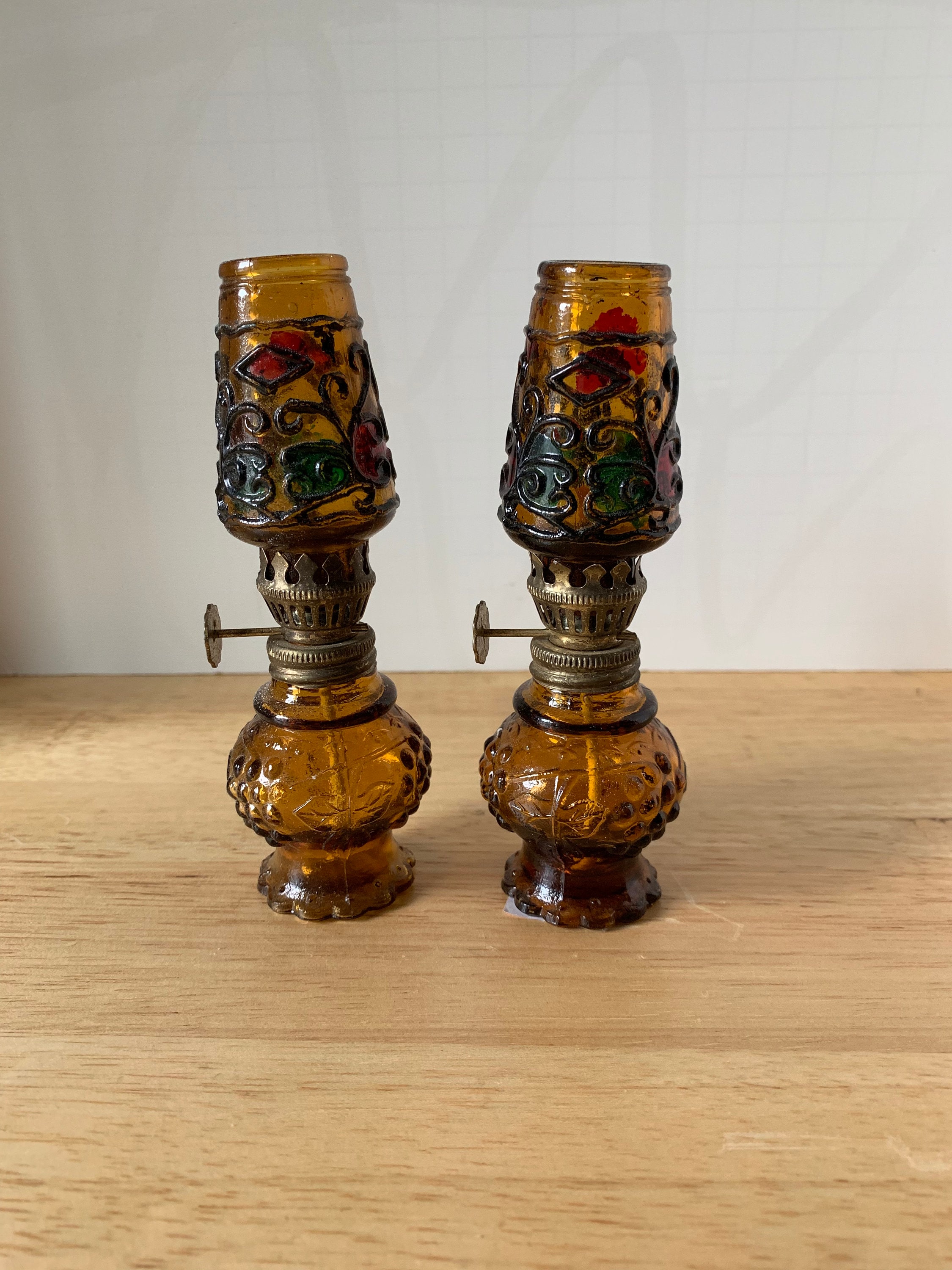 Vintage pair of brown glass oil lamps multi colored chimmneys with ...