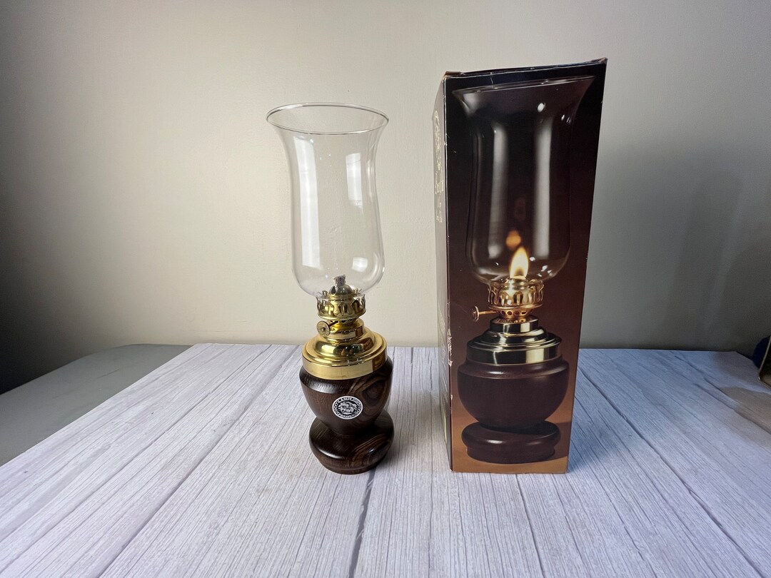 Vintage NOS Lamp Light Farms Wooden Base Oil Lamp With Fluted Chimney ...