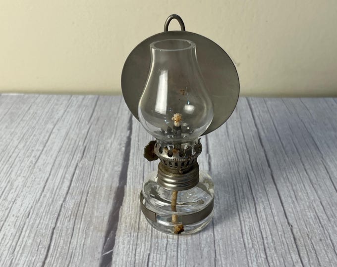 Vintage Miniature Clear Glass Oil Lamp With Backplate Chimney and Wick ...