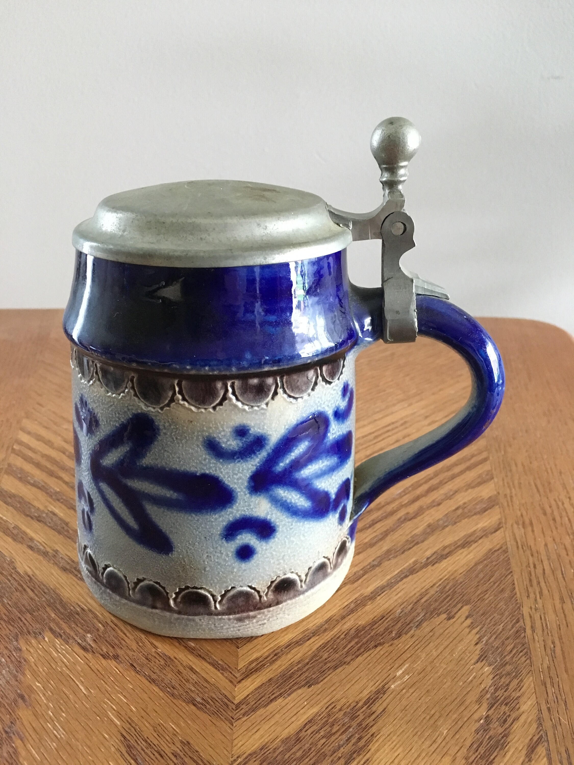Vintage Cobalt blue salt glaze German beer stein