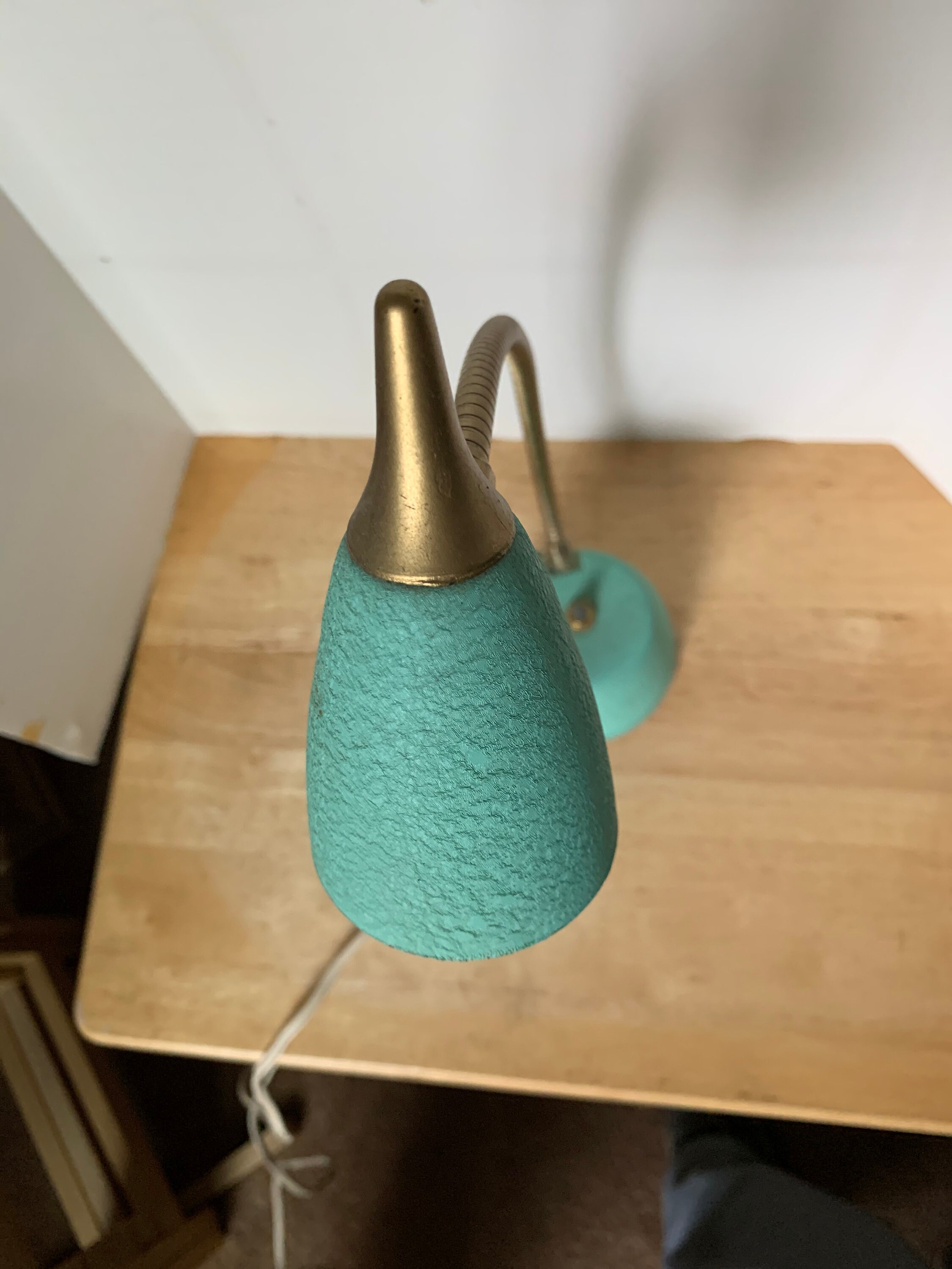 Vintage Mid Century Modern goose neck light green (turquoise) desk lamp