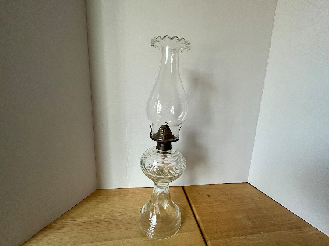 Vintage Round Swirl Clear Glass Oil Lamp With Clear Fluted Chimney and ...