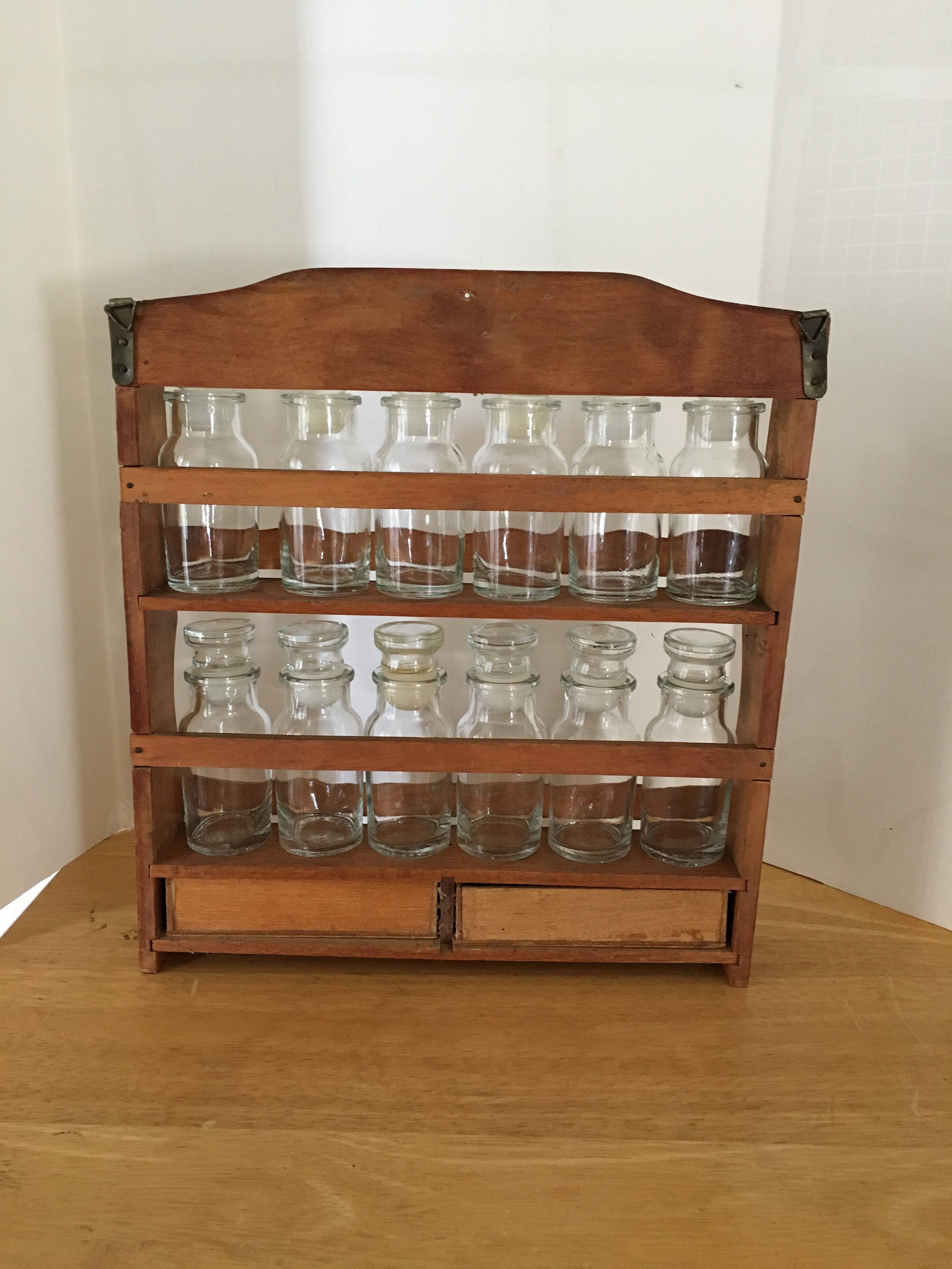 Vintage 12 glass container 2 drawer spice rack for wall or free ...