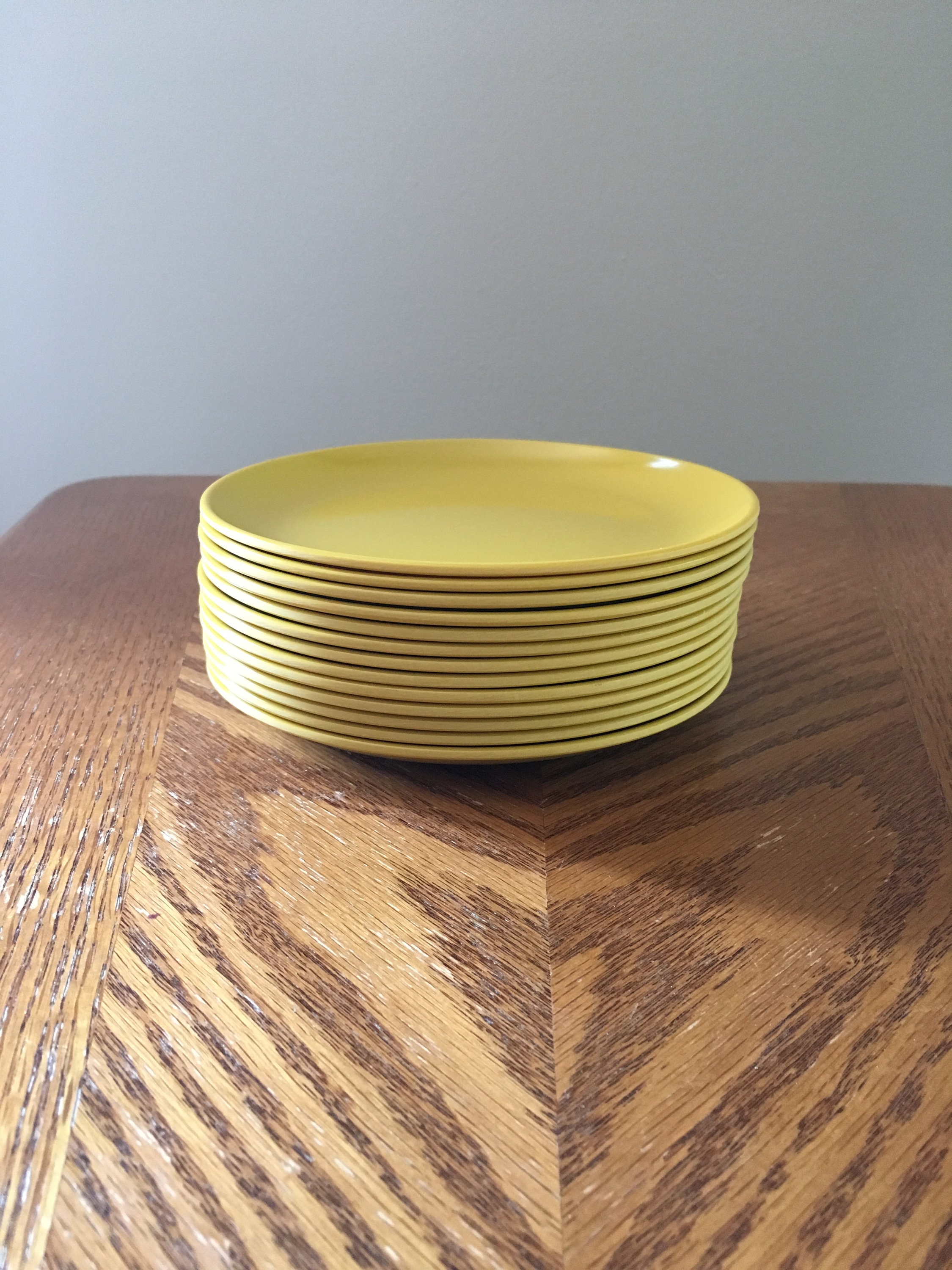 Vintage set of 8 melmac mustard yellow desert plates