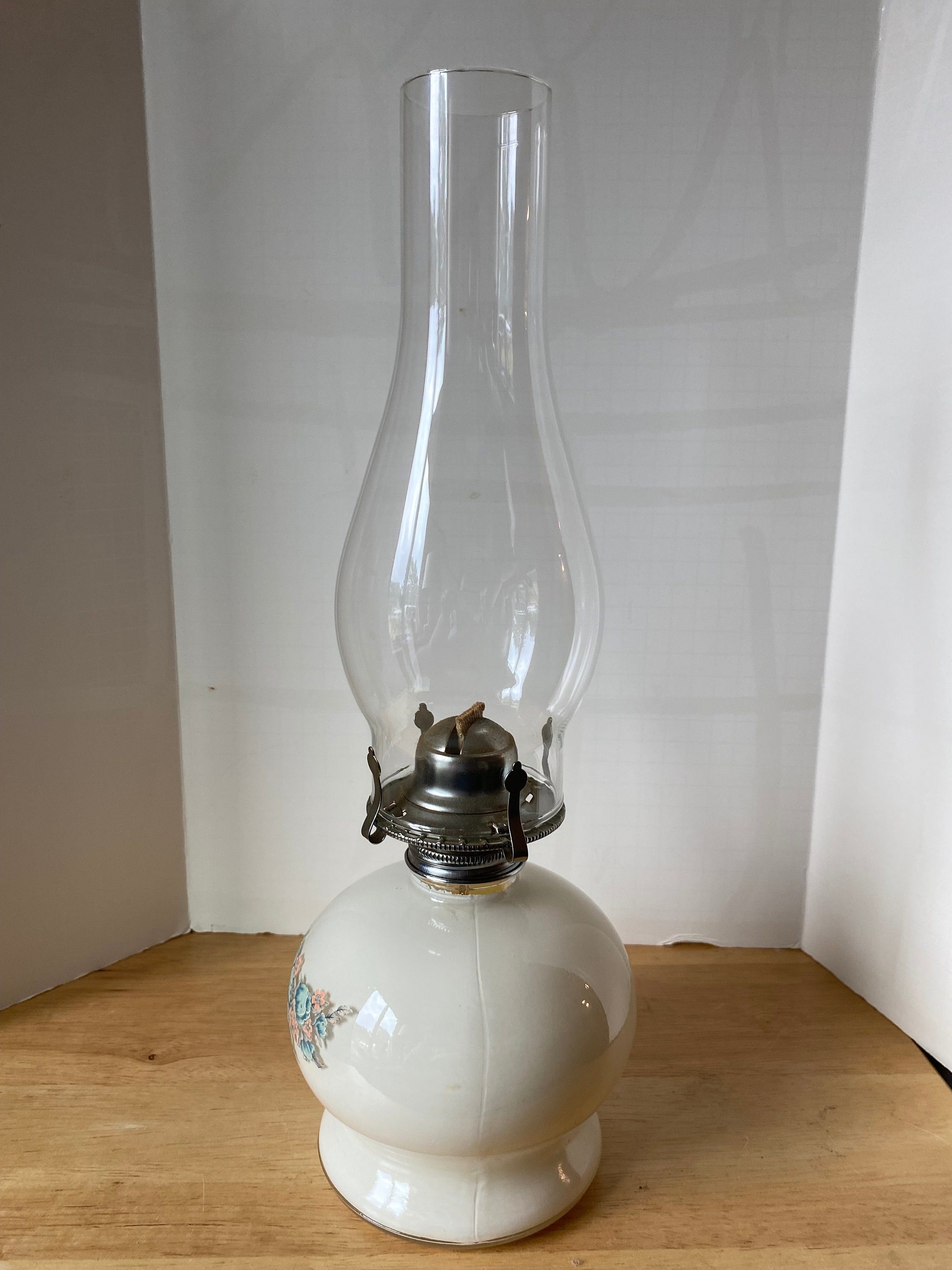 Floral Painted Glass Oil Lamp With Chimney and Wick - Etsy