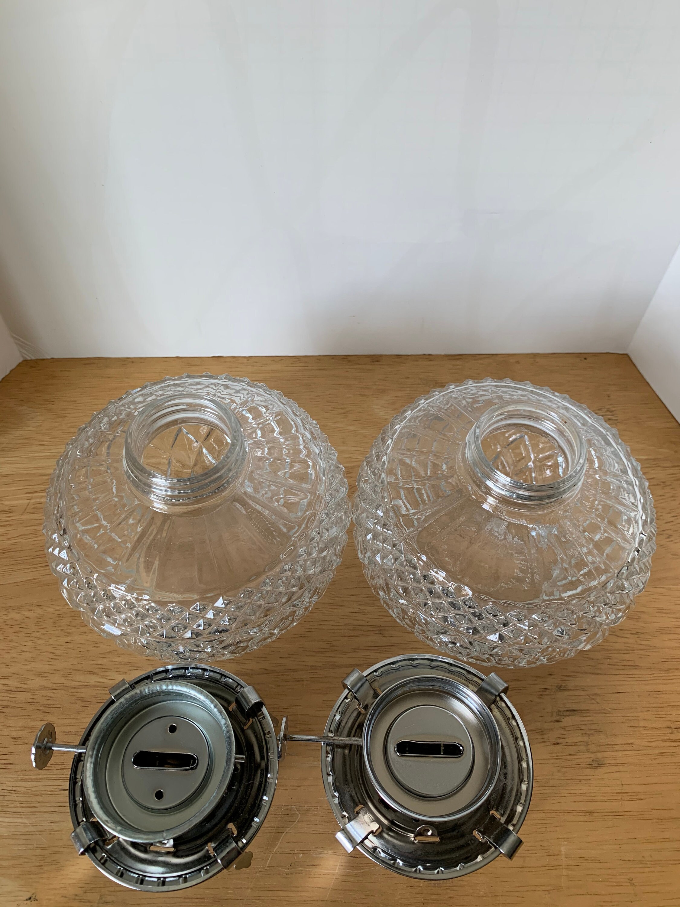 pair of Lamp Light Farms made diamond cut style oil lamps with chimneys ...