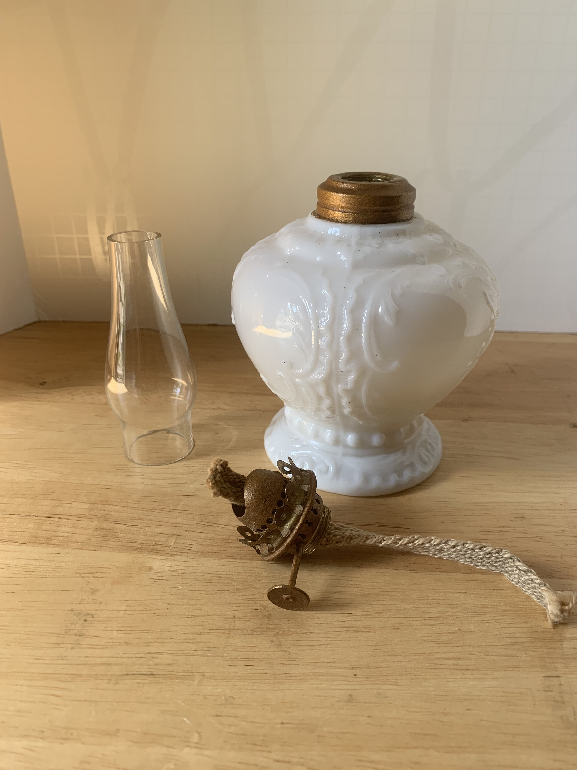 Vintage Milk Glass Embossed Oil Lamp With Chimney And Wick