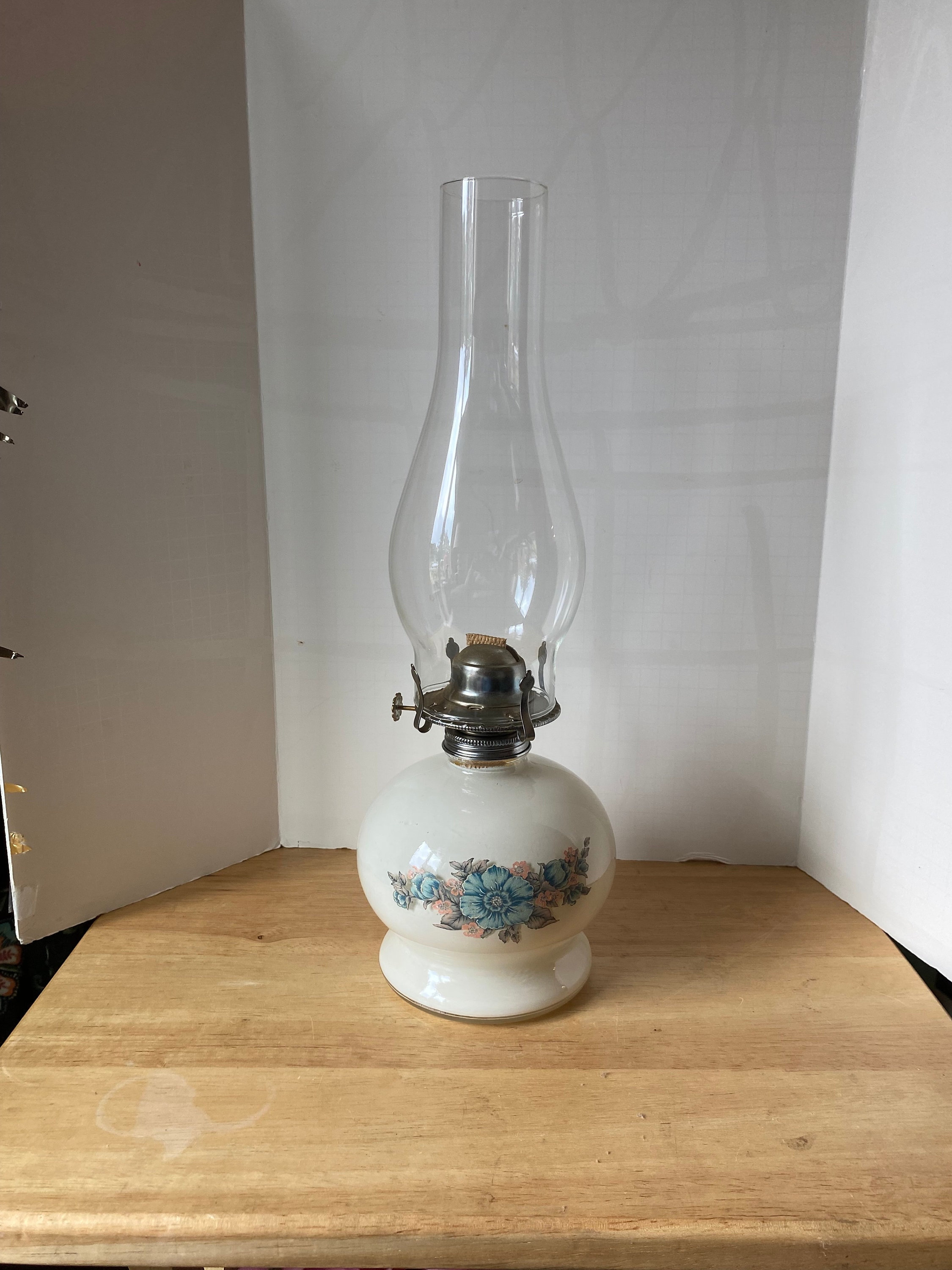 Floral Painted Glass Oil Lamp With Chimney and Wick - Etsy