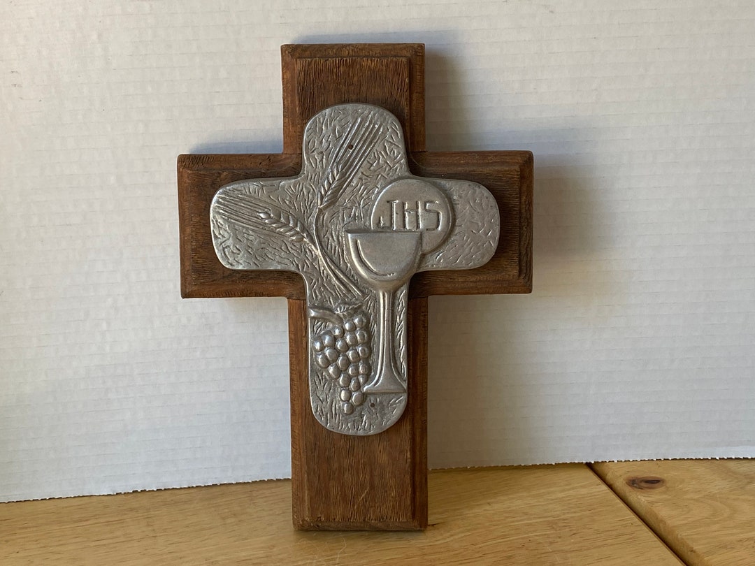Vintage Wooden Cross With Gold Toned Jesus Christ and St. Benedict ...