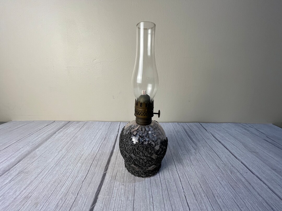 Vintage Small Clear Glass Oil Lamp With Plastic Lace Cover With Chimney ...