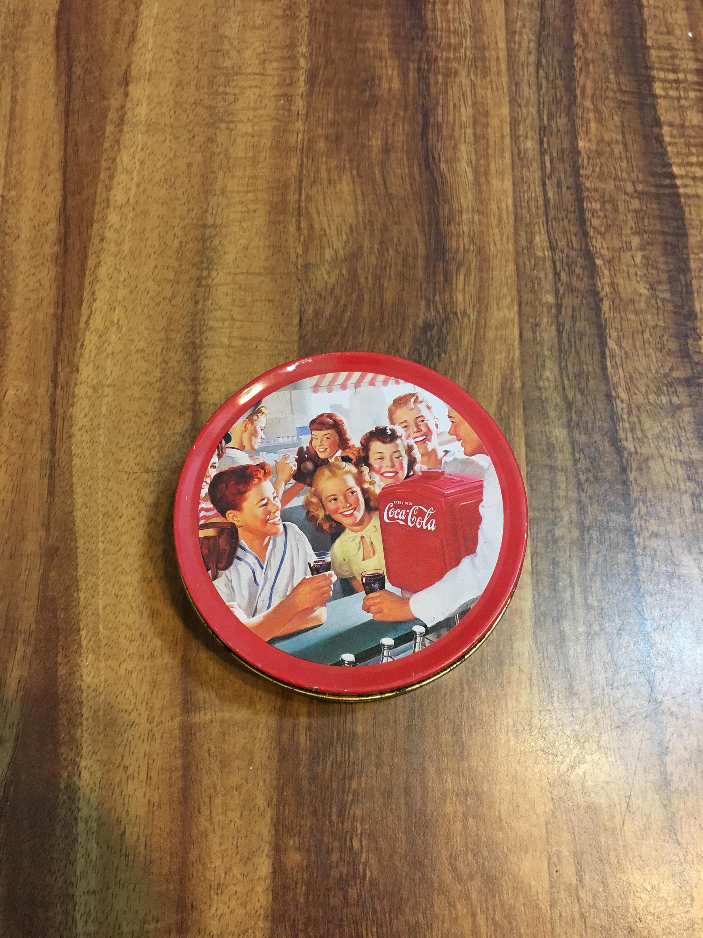 vintage 6 plastic Coca-Cola coasters with tin