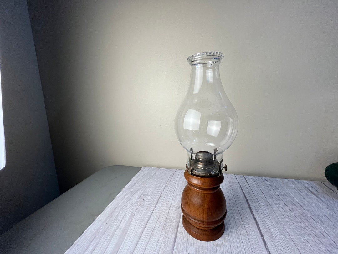 Vintage Wooden Base Oil Lamp With Removable Canister, Plain Chimney and ...
