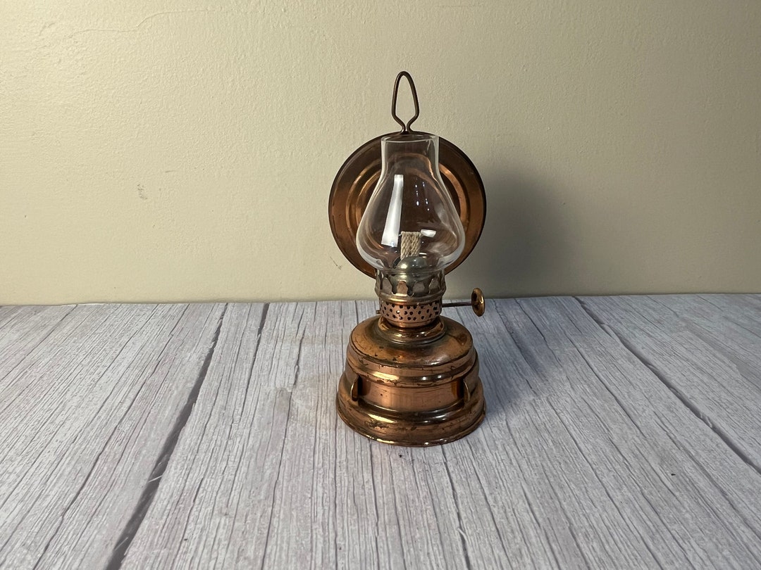 Vintage Medium Copper Oil Lamp With Backplate Chimney and Wick - Etsy
