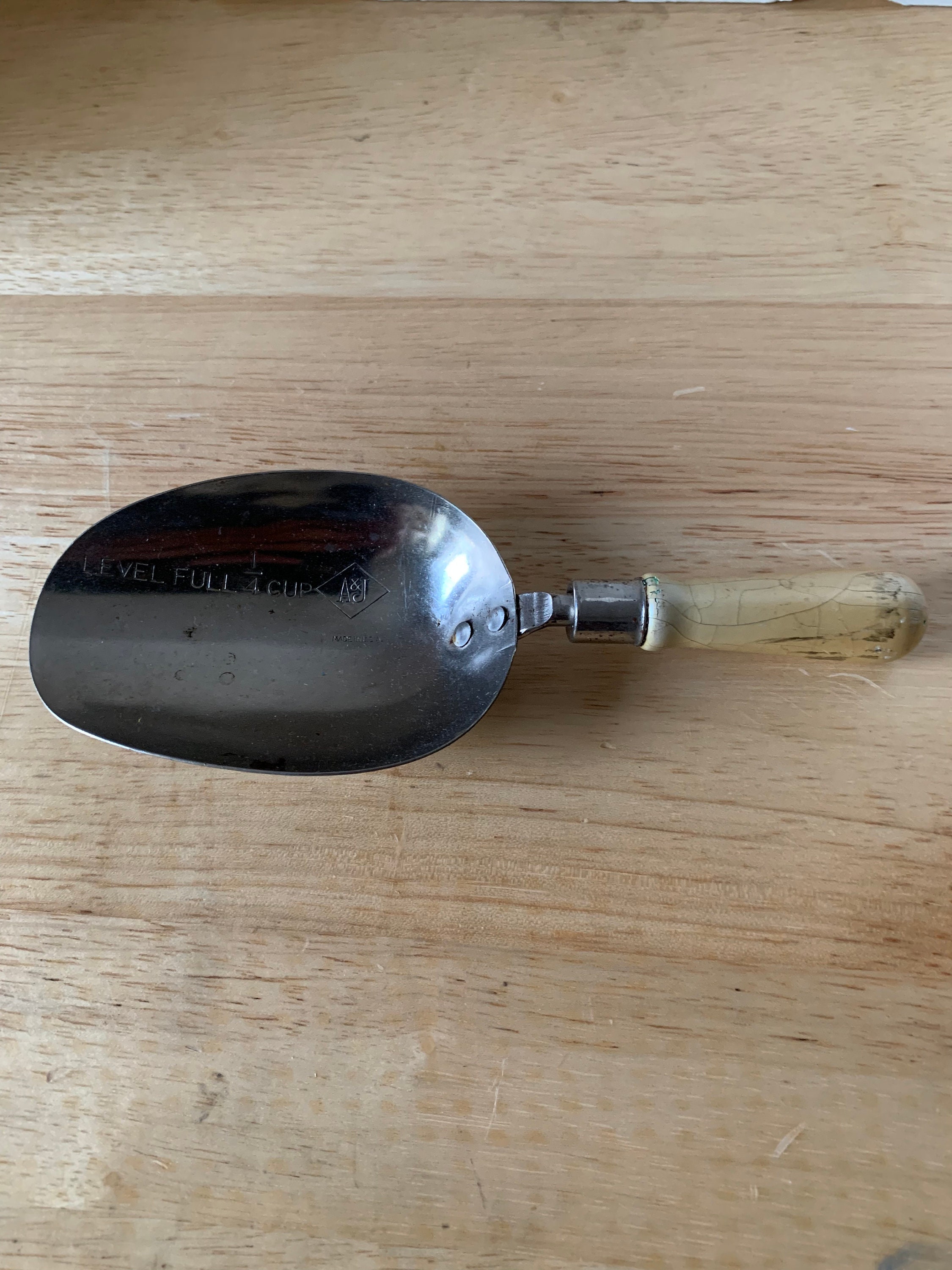 Vintage A J 1 4 Cup Flour Scoop And Measure vintage-a-j-1-4-cup-flour-scoop-and-measure