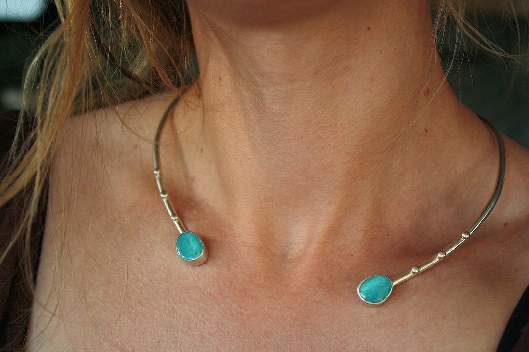 Turquoise Neck Cuff, American Kingman Blue, Sterling Fine Silver ...