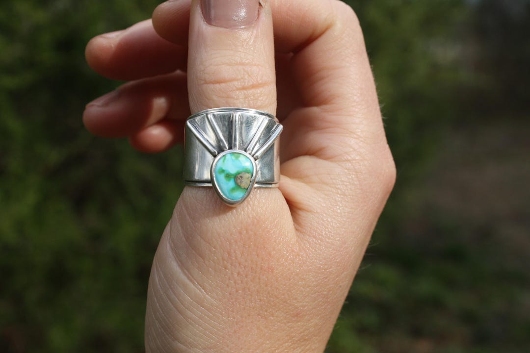 Turquoise Sun Ray Adjustable Ring, Sterling Fine Silver, Genuine ...