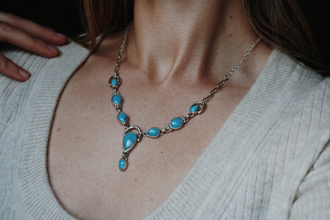 Turquoise Bib Necklace, Blue Campitos Turquoise, Sterling Fine Silver ...