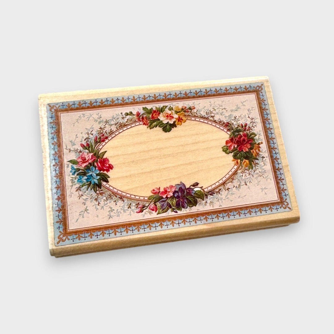 Oval Floral Frame Coquette Wooden Rubber Stamp Vintage 90s Large 4x2.75 ...