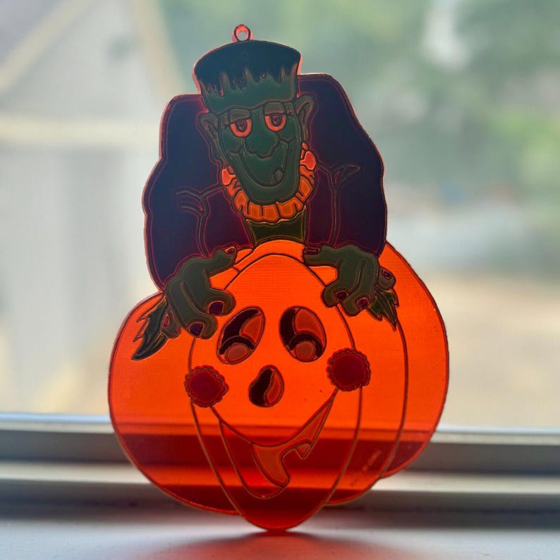 Vintage Halloween Suncatcher Pumpkin Frankenstein Monster Plastic ...