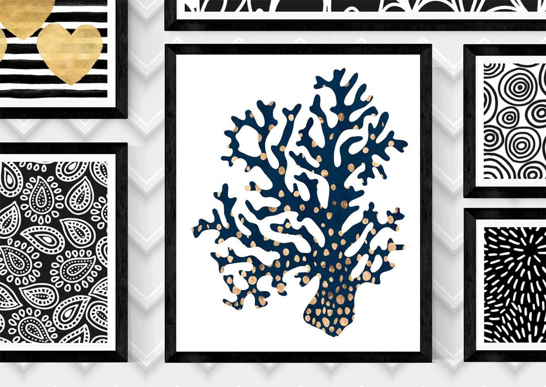 GOLD and NAVY CORAL Art Print Left Side,ocean Art Print,coral Wall Art ...