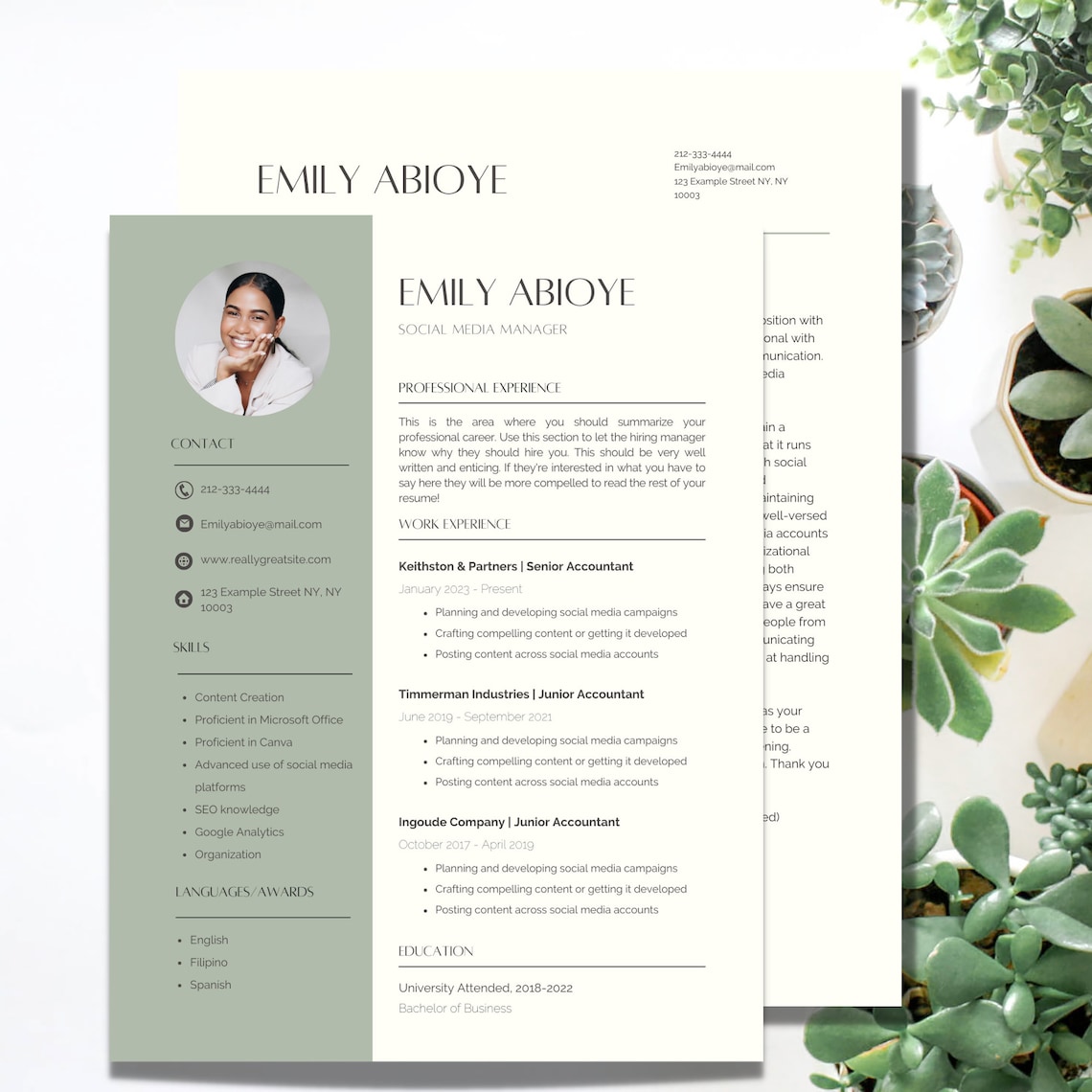 Sage Green Resume Template | Editable Canva CV | Modern Professional ...