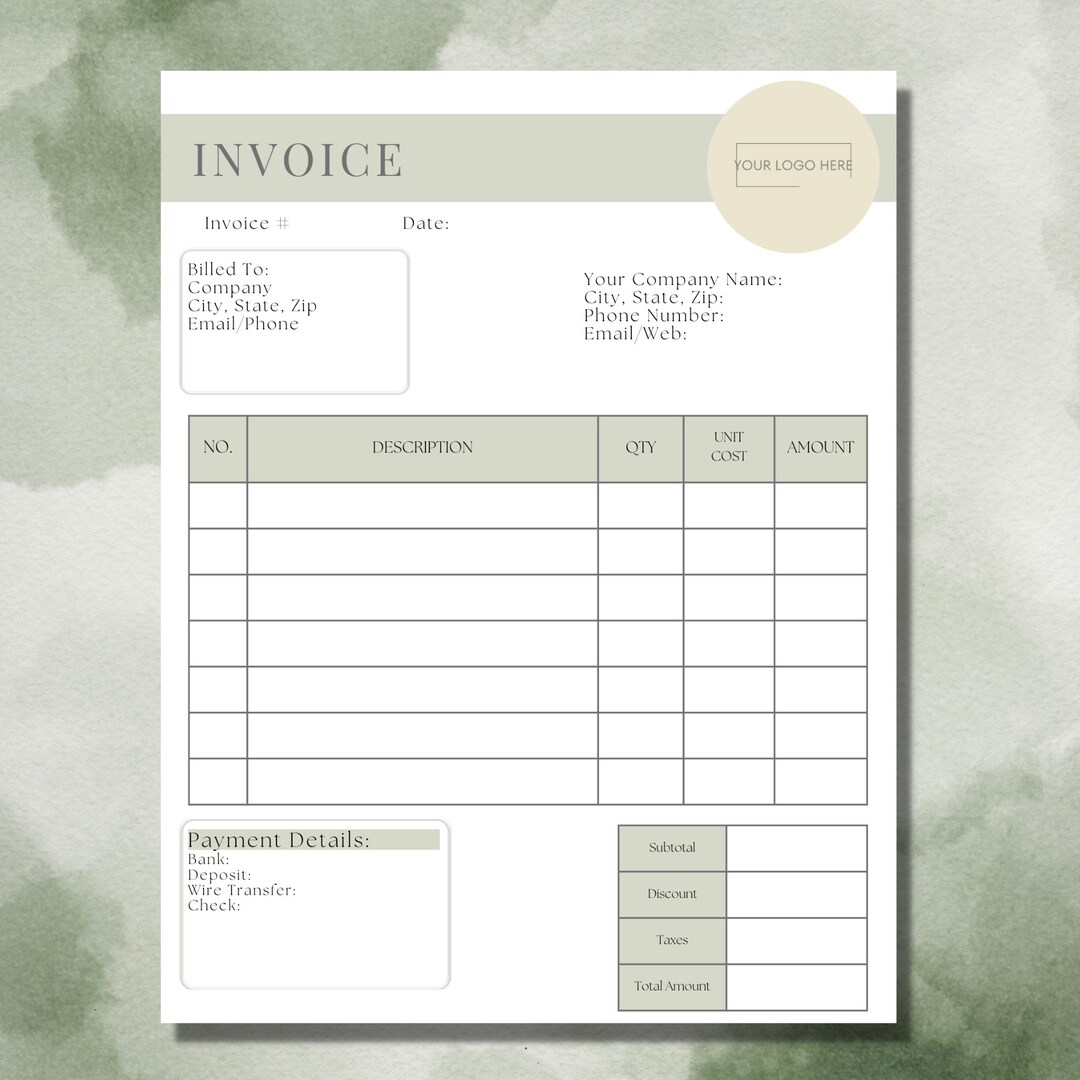 Modern Light Green Invoice Template - Etsy