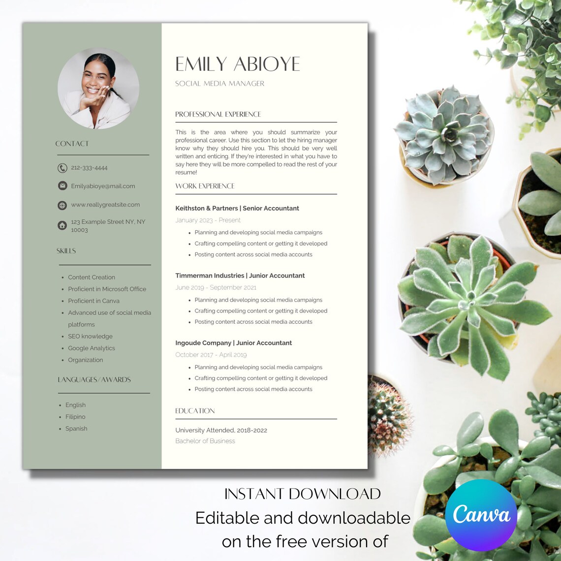 Sage Green Resume Template, CV Template, Sage Green Cover Letter, Canva ...