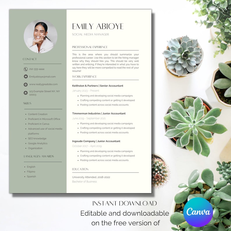 Sage Green Resume Template, CV Template, Sage Green Cover Letter, Canva ...