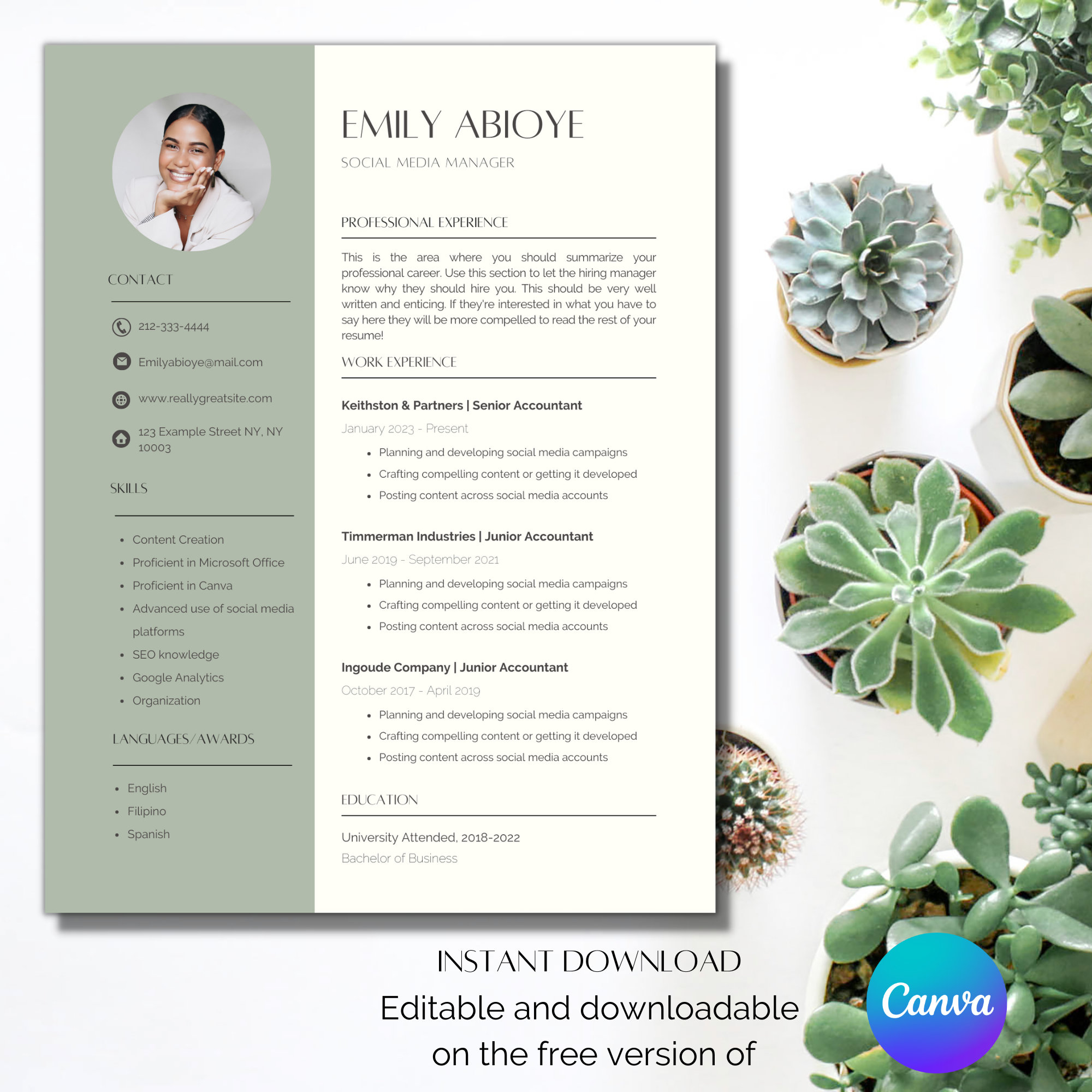 Sage Green Resume Template, CV Template, Sage Green Cover Letter, Canva ...