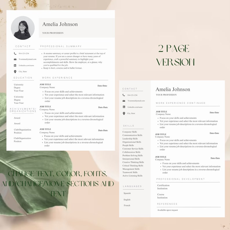 Modern Resume Template, 2 Page Resume, CV Template, Professional Resume ...