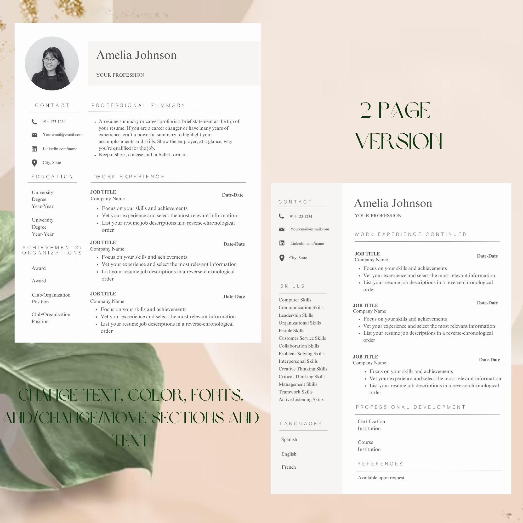 Modern Resume Template, 2 Page Resume, CV Template, Professional Resume ...