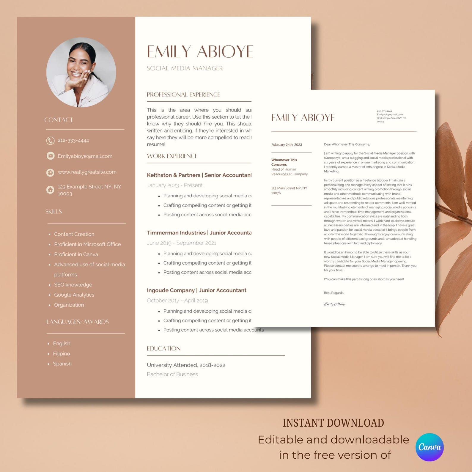 Autumn Brown Resume Template, CV Template, Neutral Brown Cover Letter ...