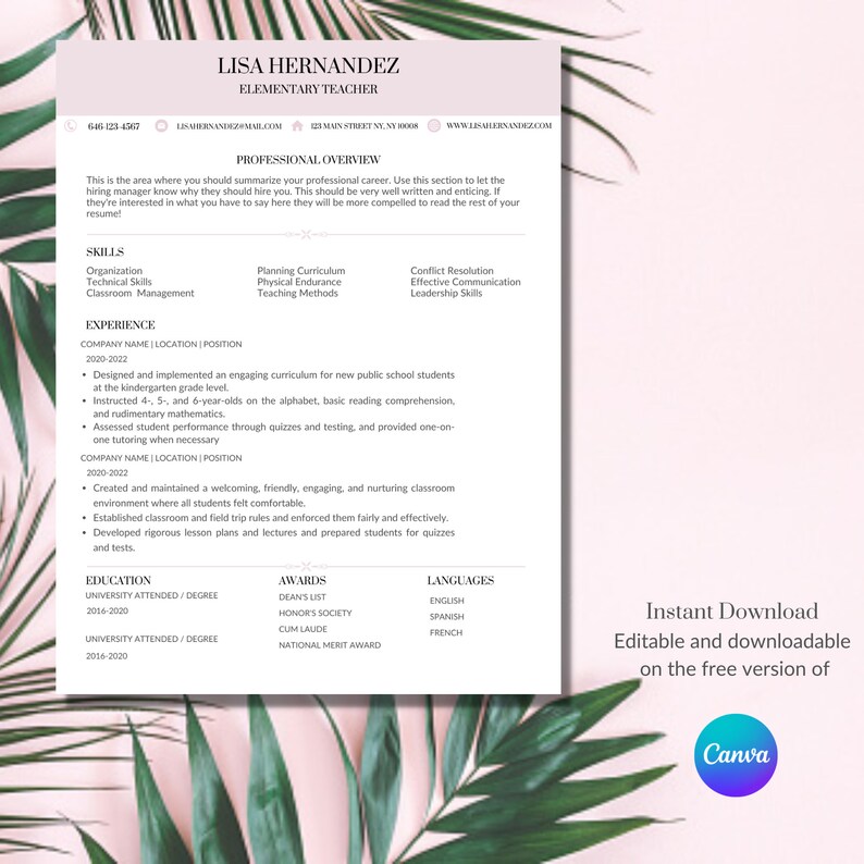 Pastel Pink Resume Template CV Template Canva Templates - Etsy