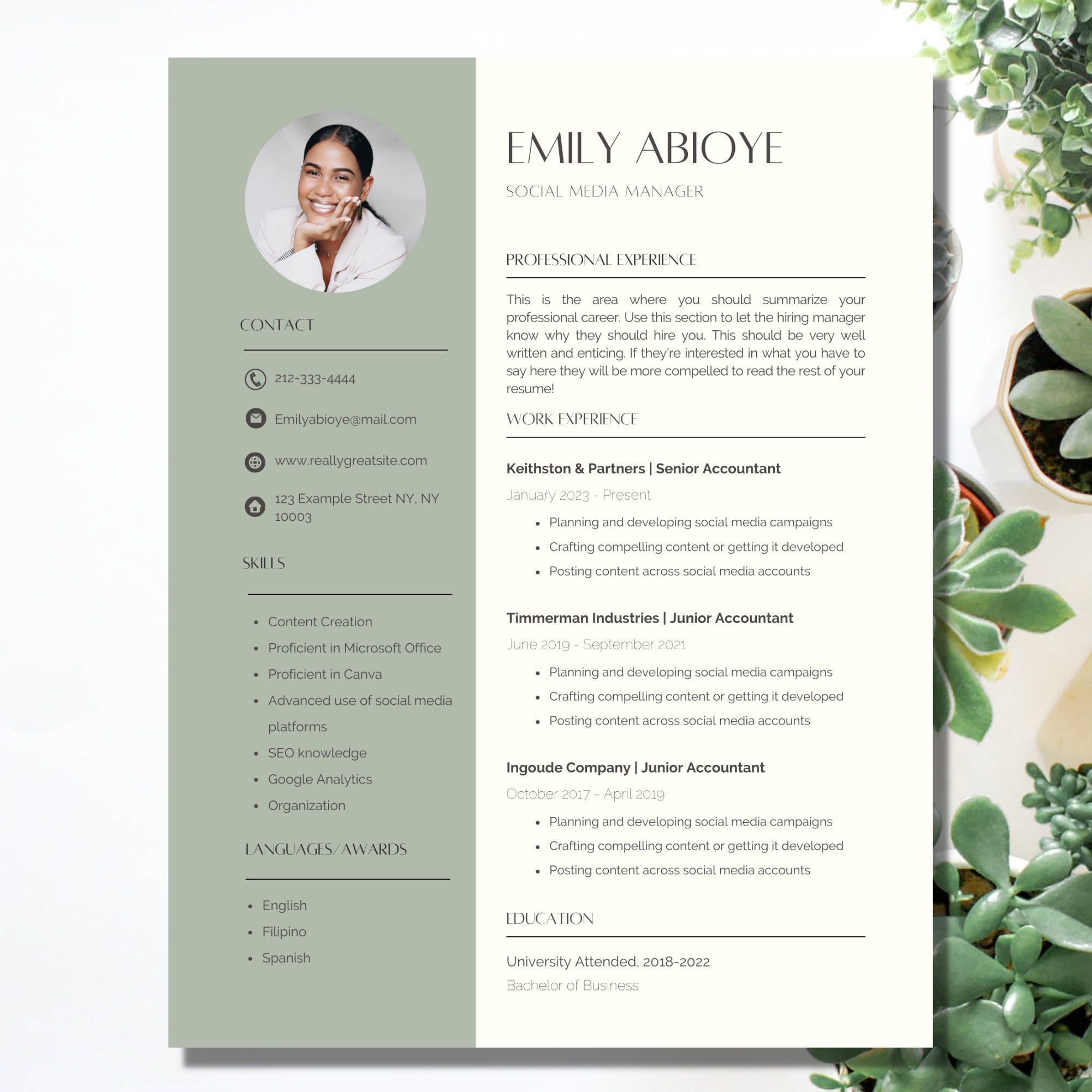 Sage Green Resume Template | Editable Canva CV | Modern Professional ...