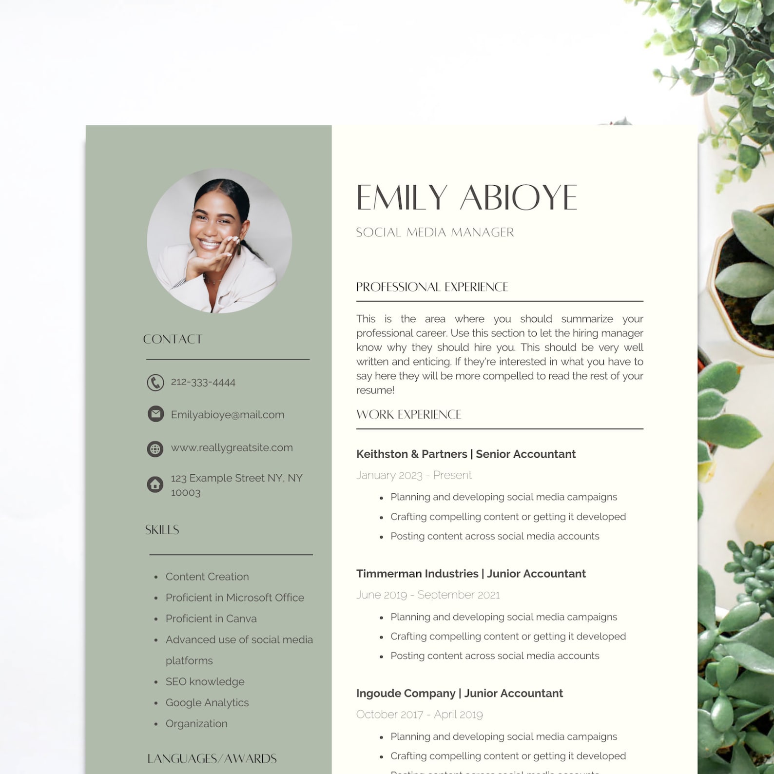 Sage Green Resume Template | Editable Canva CV | Modern Professional ...