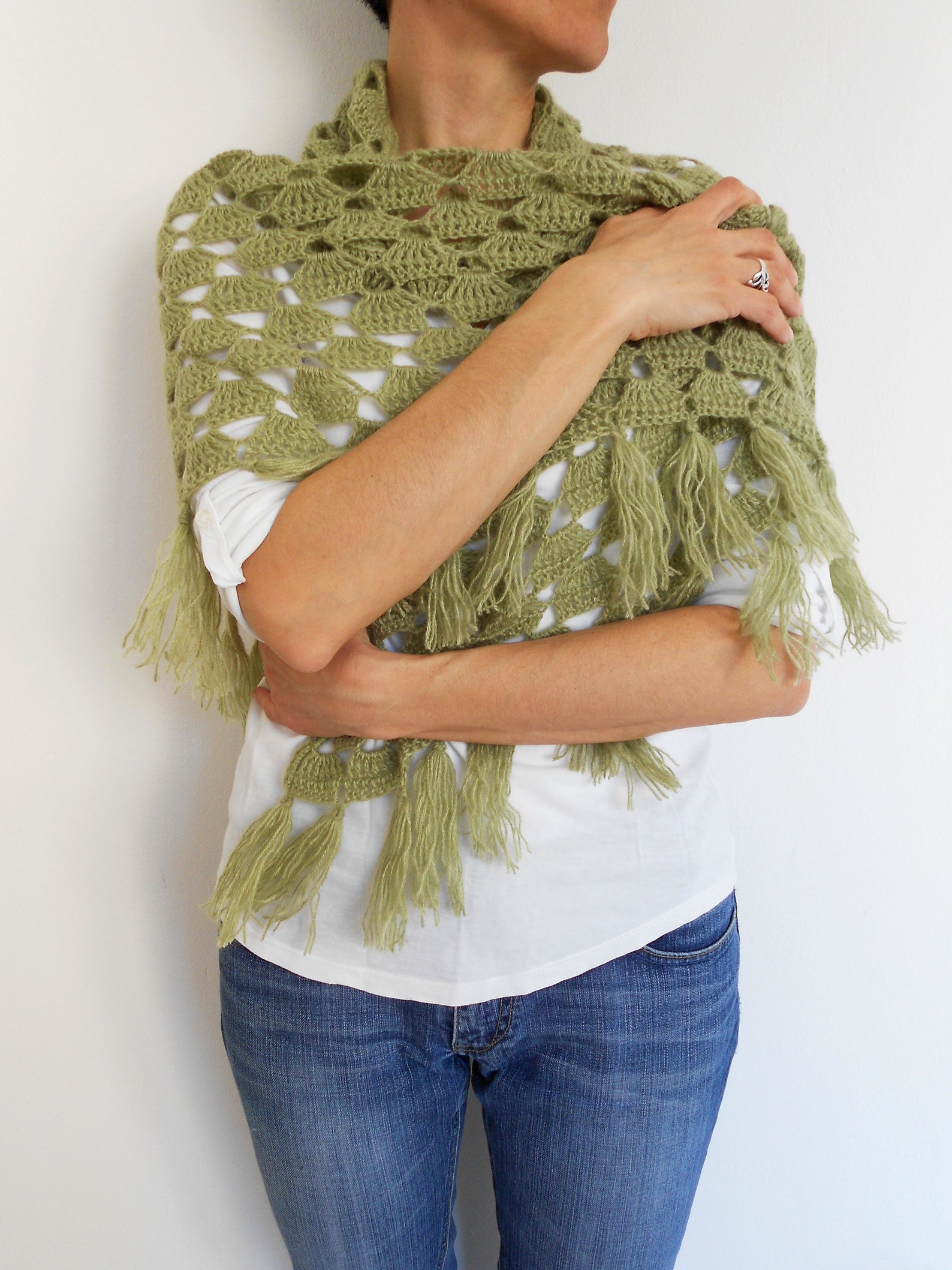 Triangle Mohair Scarf, Olive Green Hand Knit Triangle Shawl, Pale Green ...