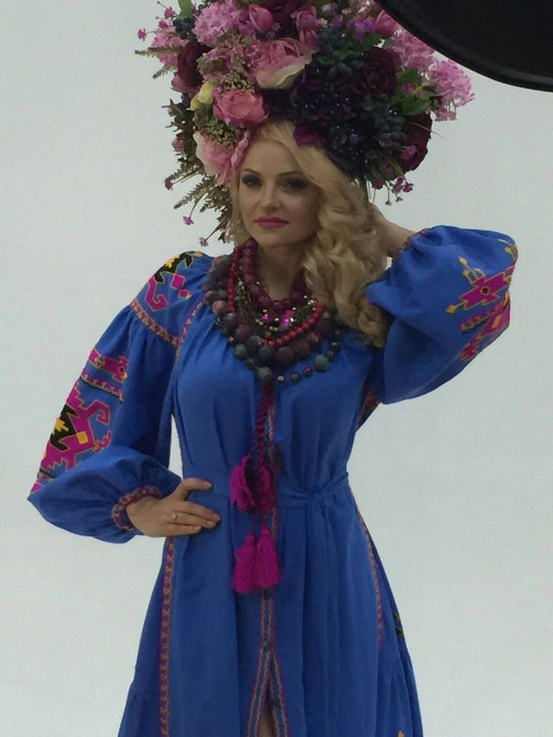 Ukrainian Vyshyvanka Maxi Dress kilim in Blue 100% Linen With Handmade ...