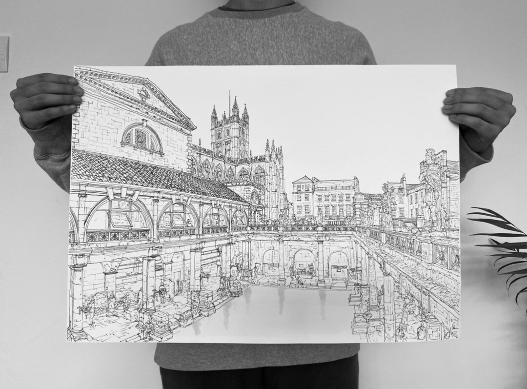 The Roman Baths and Bath Abbey - Hand Drawn Print - Etsy