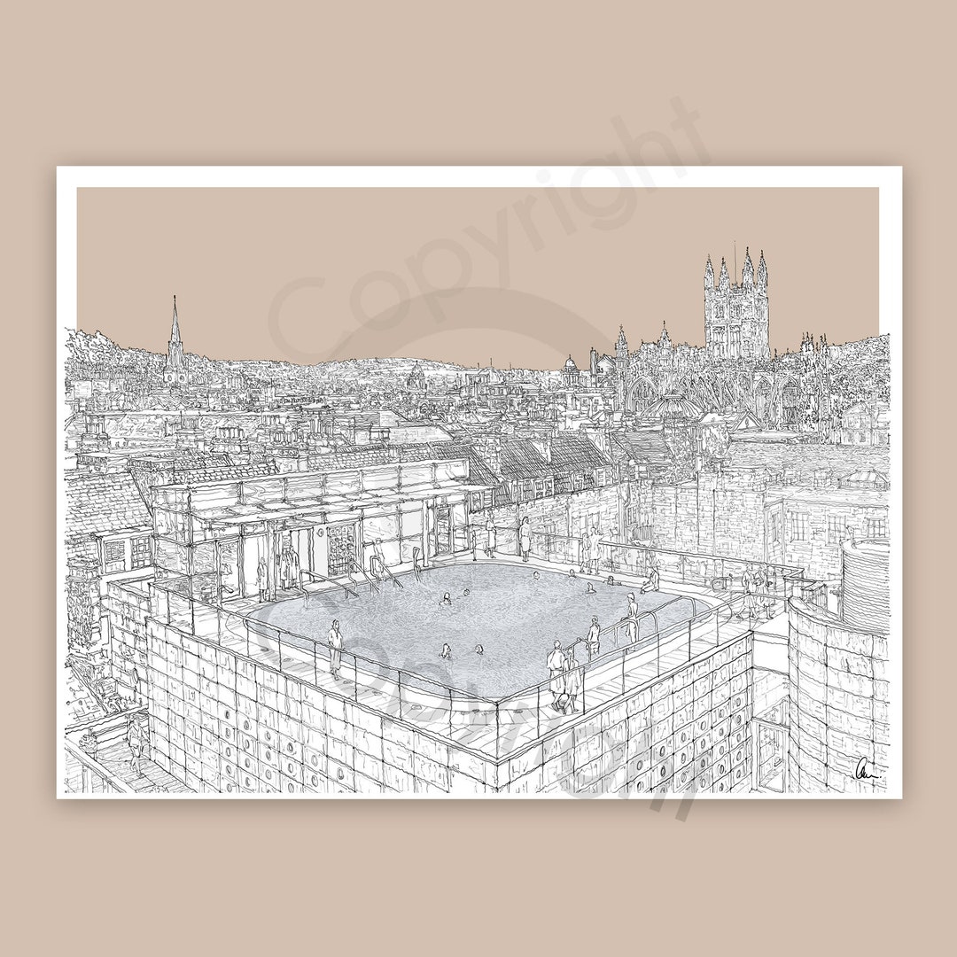 Thermae Bath Spa & Skyline - Hand Drawn Print (landscape) | Bath ...