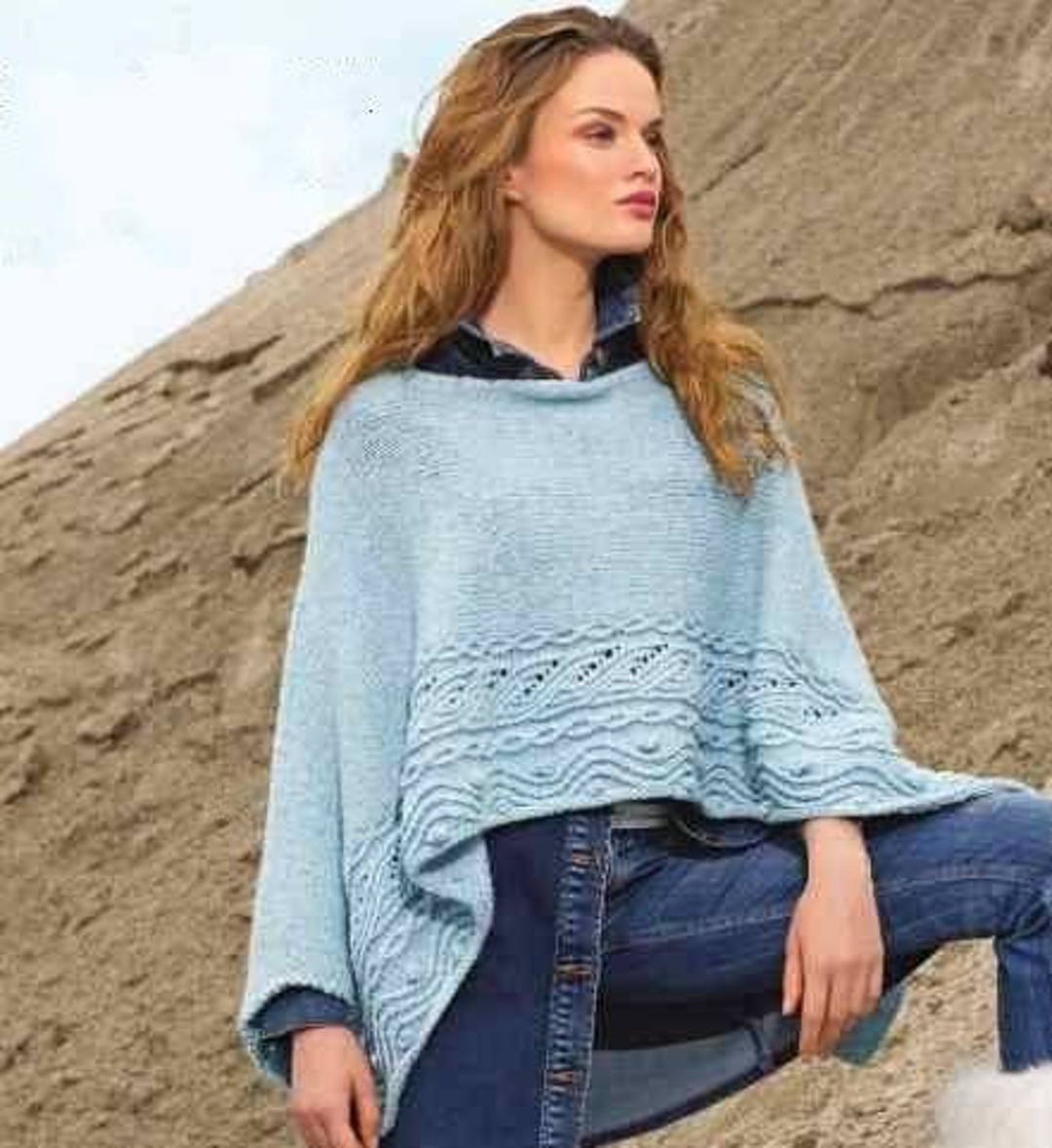 Womens Knitted Cape Poncho, Blue Elegant Ladies Poncho, Womens Clothing ...