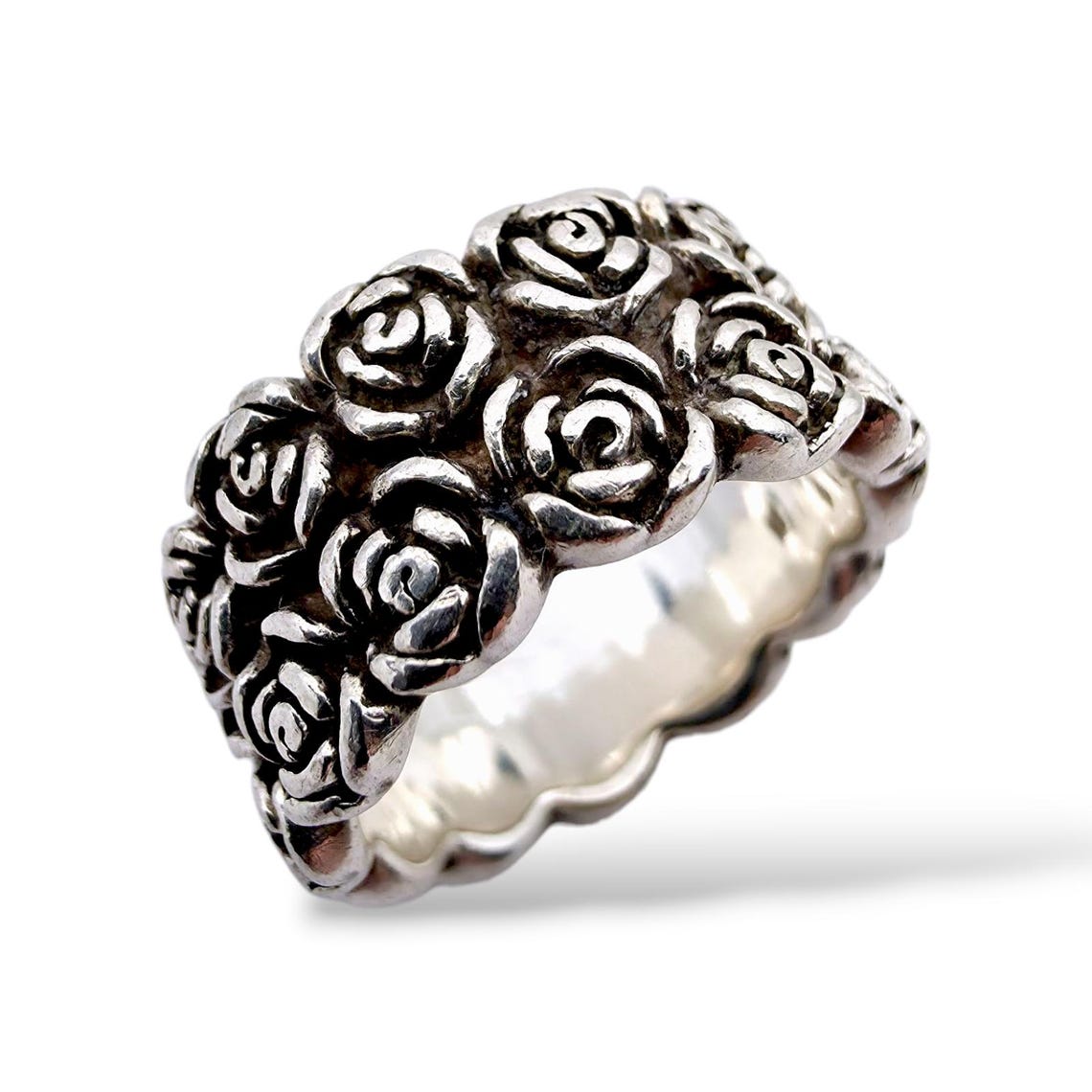 Vintage Sterling Silver Rose Band Ring, Floral Design, 925 Silver ...