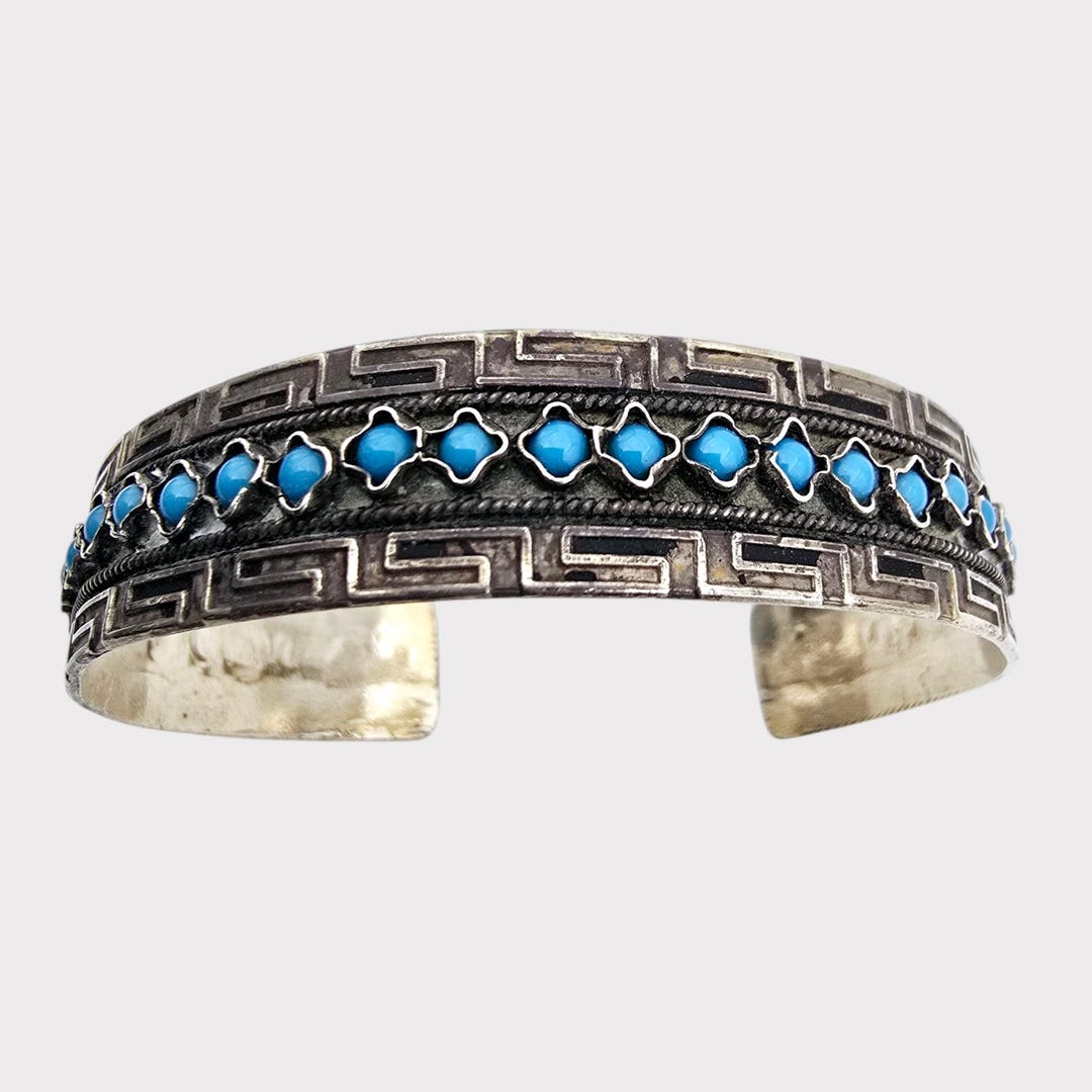 Vintage Greek Key Turquoise Cuff Bracelet, 950 Silver Handmade Greek ...