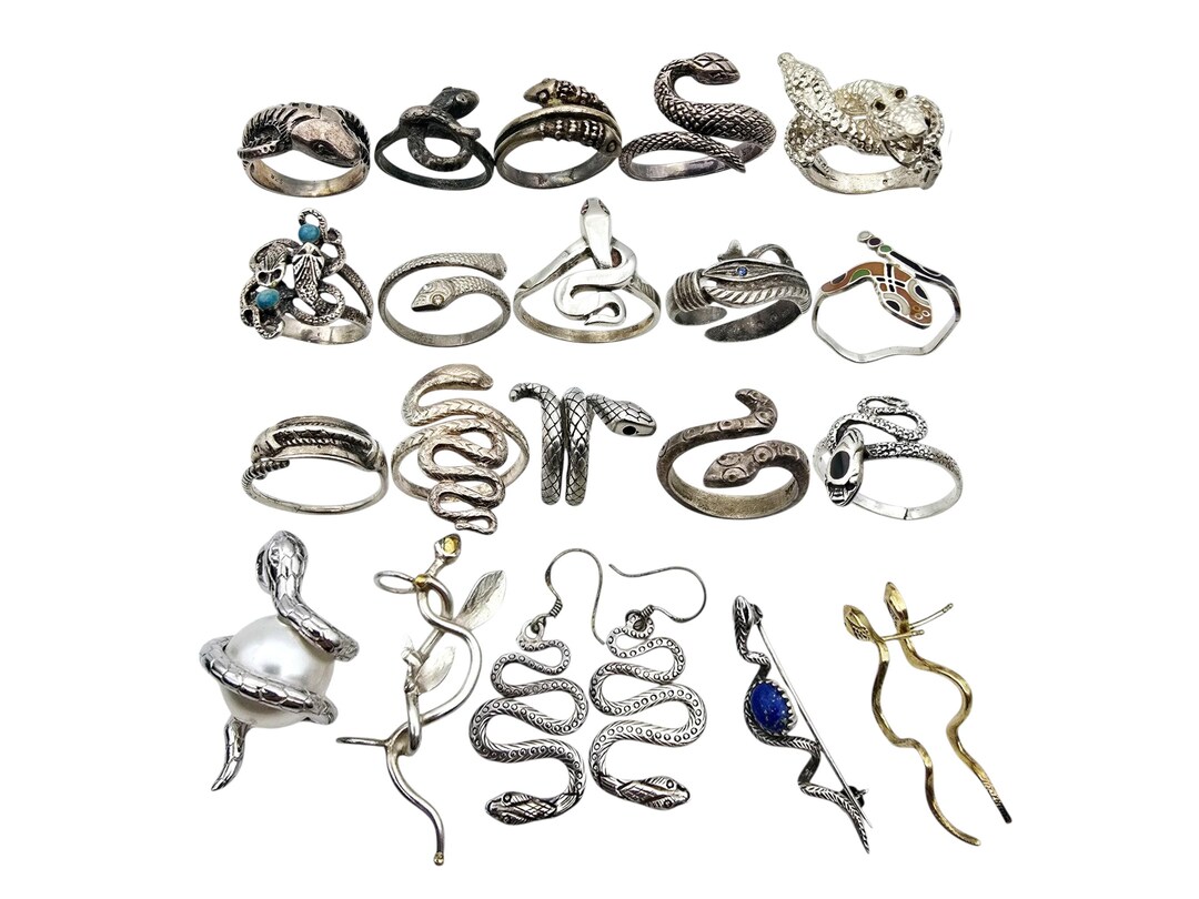 Vintage Sterling Silver Snake Jewelry Set – Rings, Earrings & Brooches ...