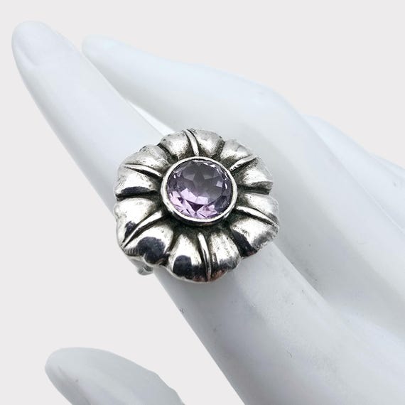 Vintage 835 Silver Flower Ring with Amethyst Stone - … - Gem