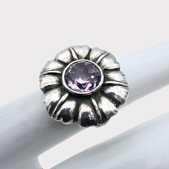 Vintage 835 Silver Flower Ring with Amethyst Stone - … - Gem