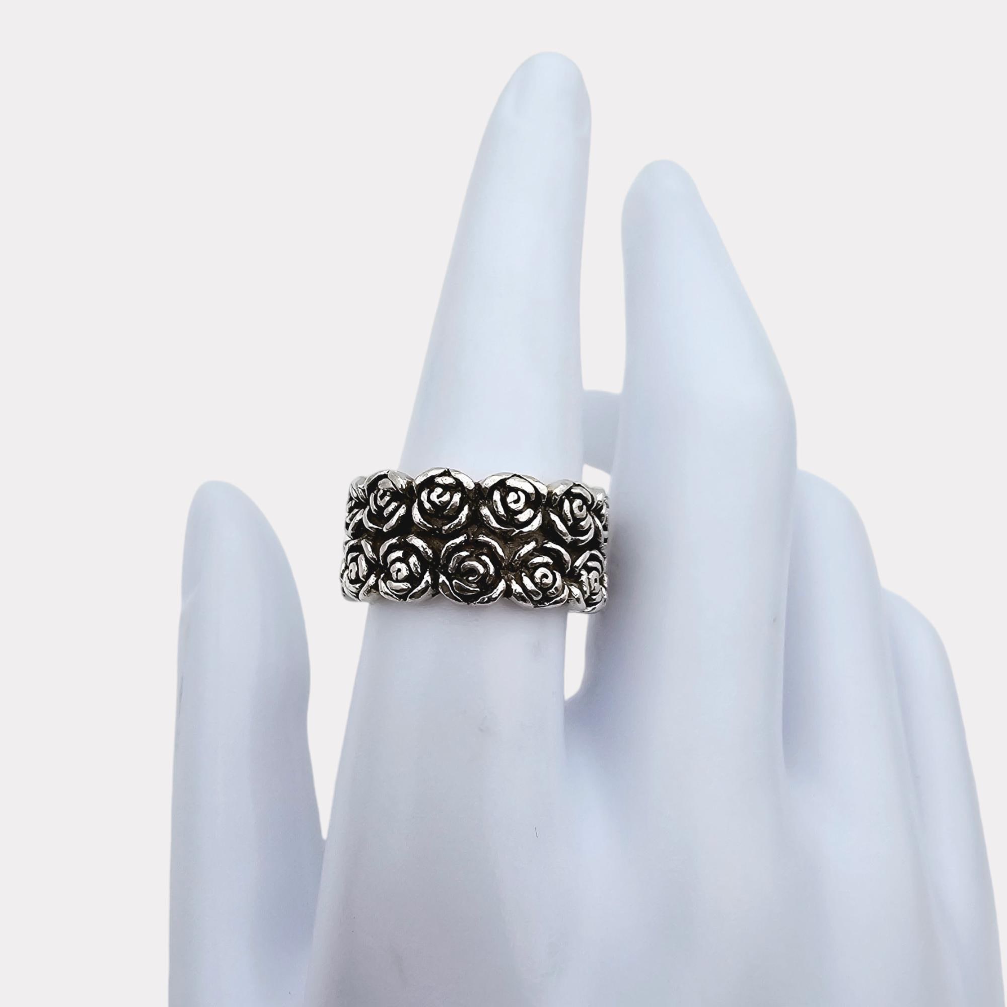 Vintage Sterling Silver Rose Band Ring, Floral Design, 925 Silver ...