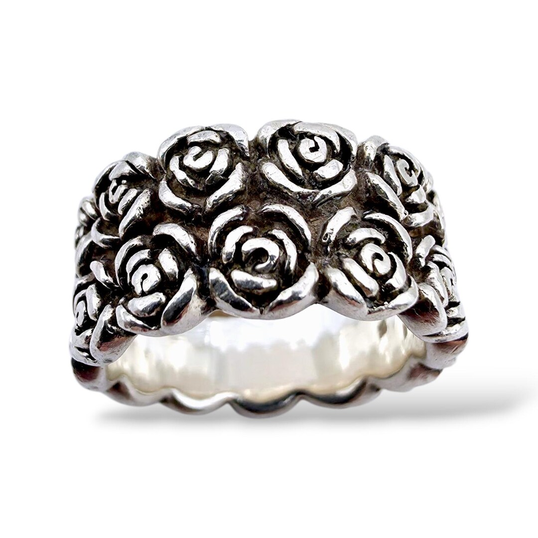 Vintage Sterling Silver Rose Band Ring, Floral Design, 925 Silver ...