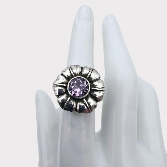 Vintage 835 Silver Flower Ring with Amethyst Stone - … - Gem