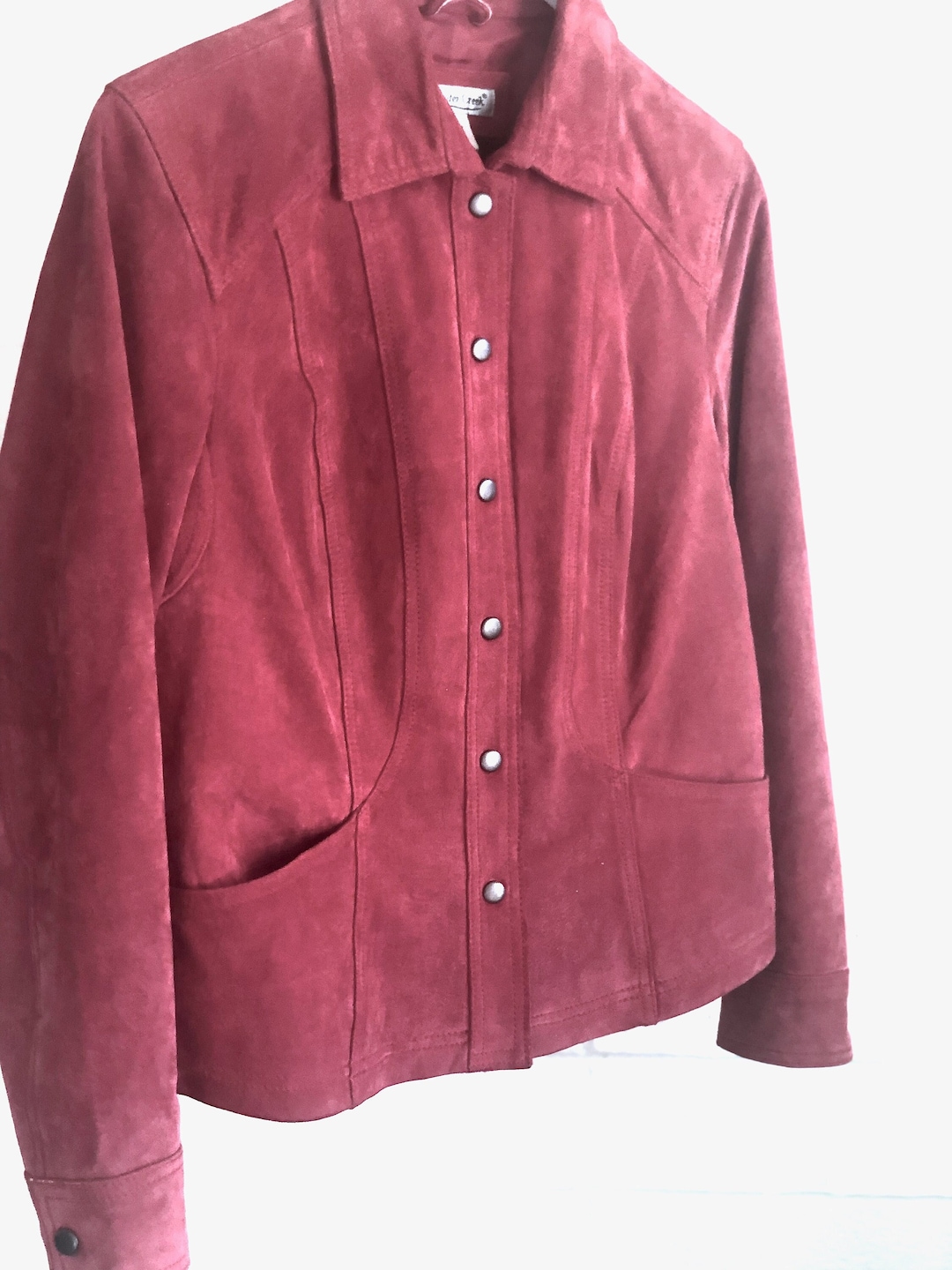 Rosey Red Jacket Vintage Suede Leather / Snap Buttons / Pockets - Etsy